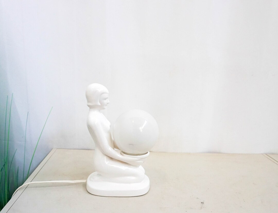 White Ceramic Table Lamp, Lady With the Bulb of Light, Glass Ball ...