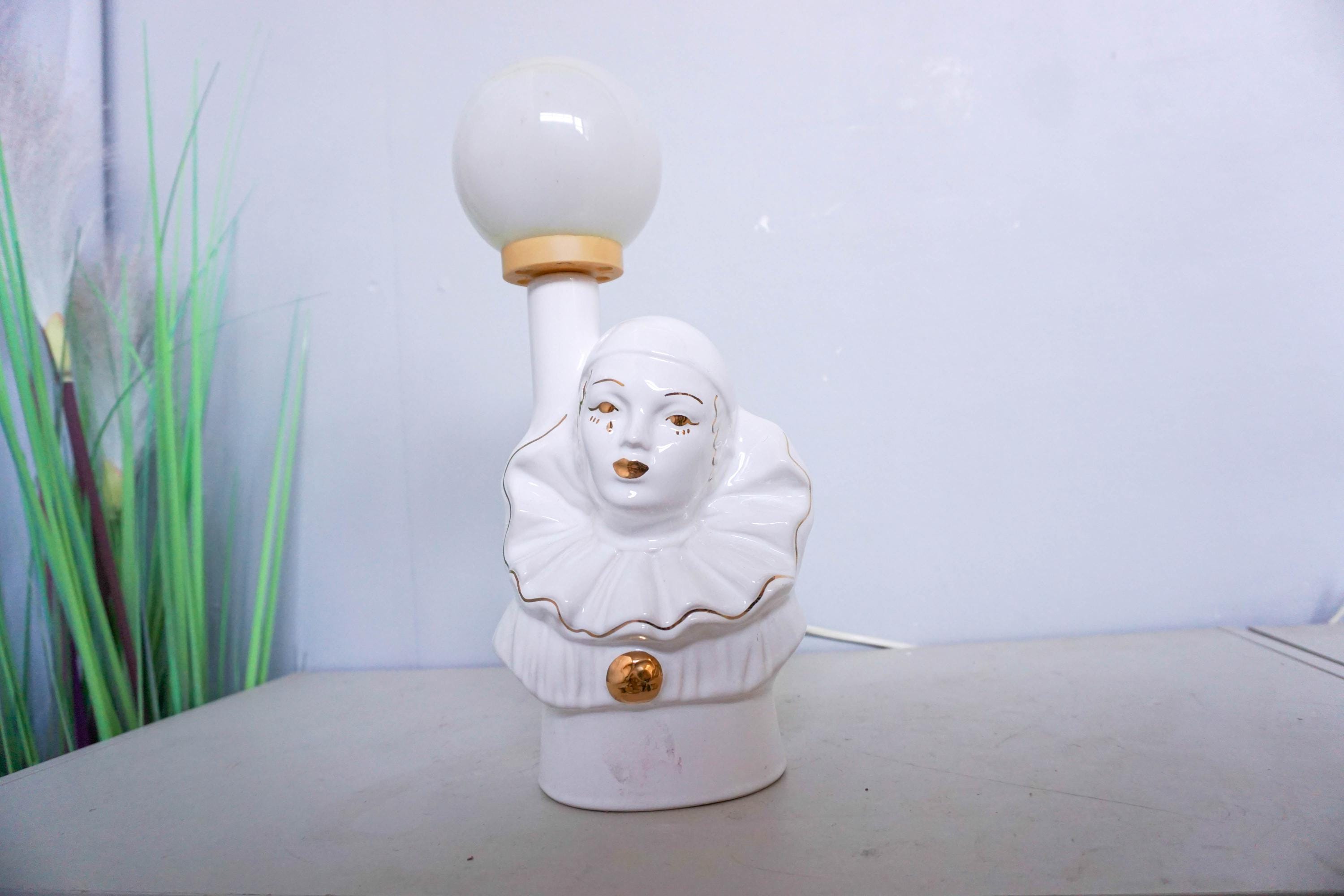 1980s Ceramic Pierrot Gourmand, Table Lamp, Clown With a Glass Ball ...