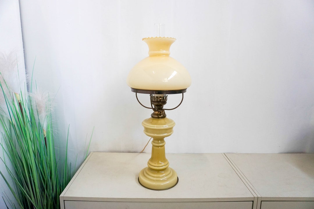 1960s Yellow Opaline Glass, Brass Table Lamp, Very Rare Vintage Table ...