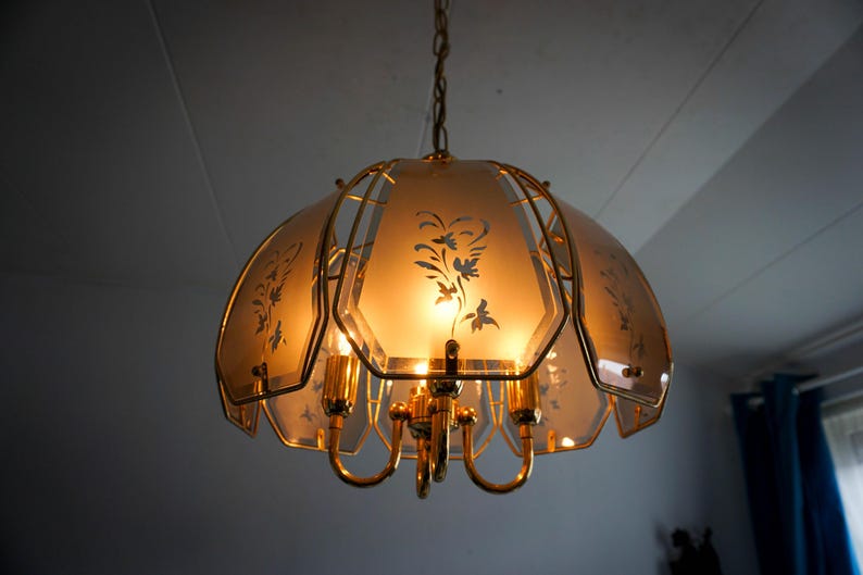 1980s Brass Glass Pendant Light, Hollywood Regency Pendant Ceiling Lamp ...