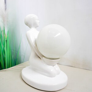 White Ceramic Table Lamp, Lady With the Bulb of Light, Glass Ball ...