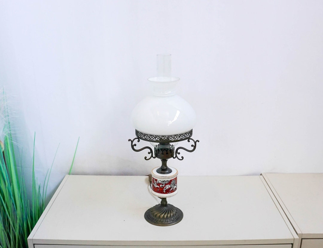 1960s Opaline Glass, Ceramic, Brass Table Lamp, Very Rare Vintage Table ...