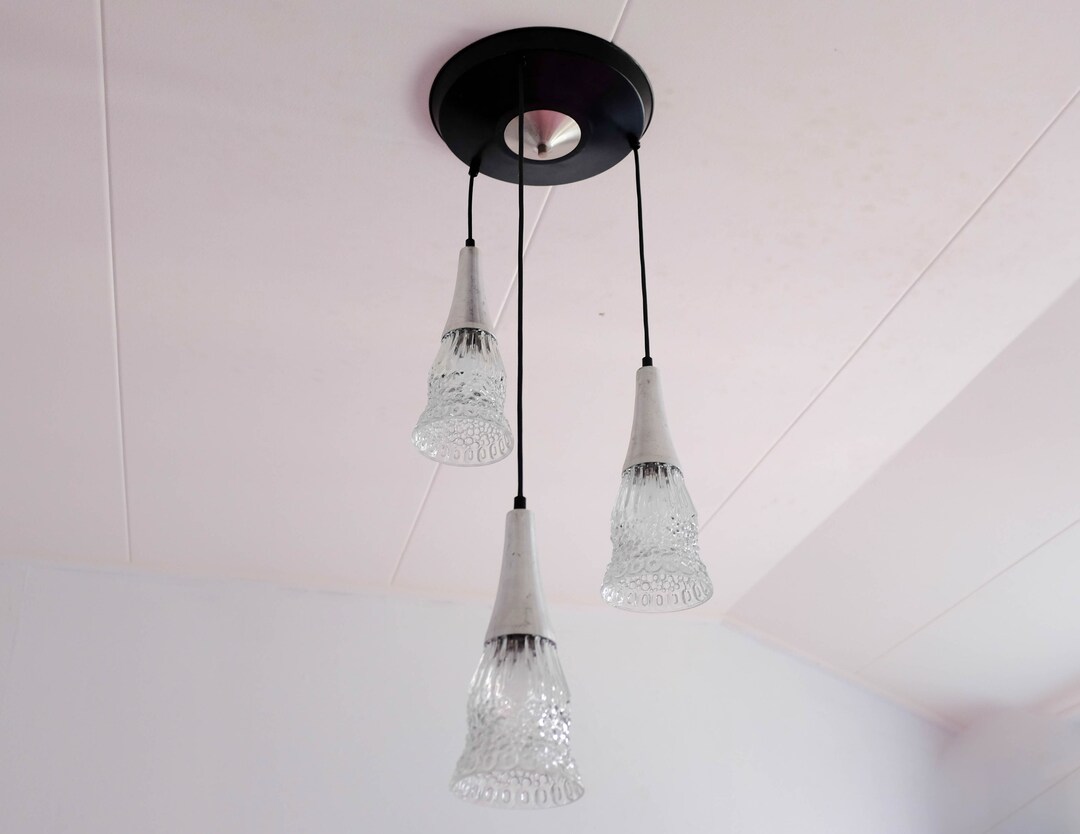 1960s , Dutch Design, Vintage Pendant Lamp, Elegant Cut Glass, Chrome ...