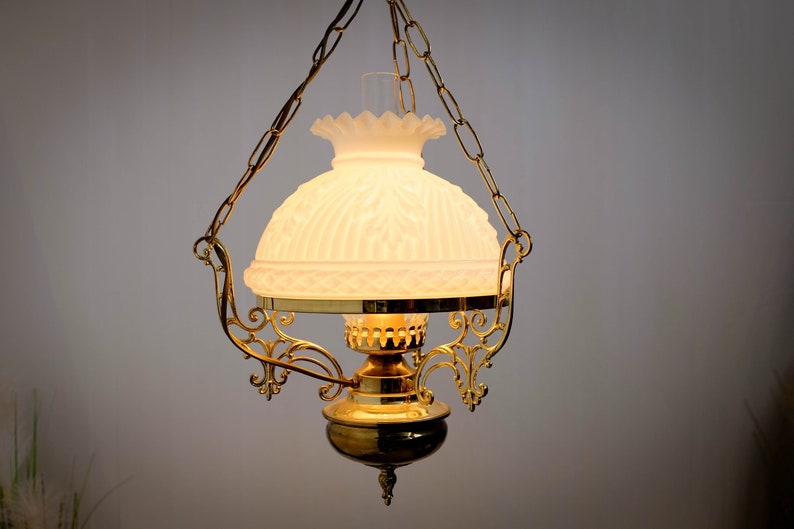 1970s Vintage Brass, Glass, French Pendant, Oil Lamp Style - Etsy