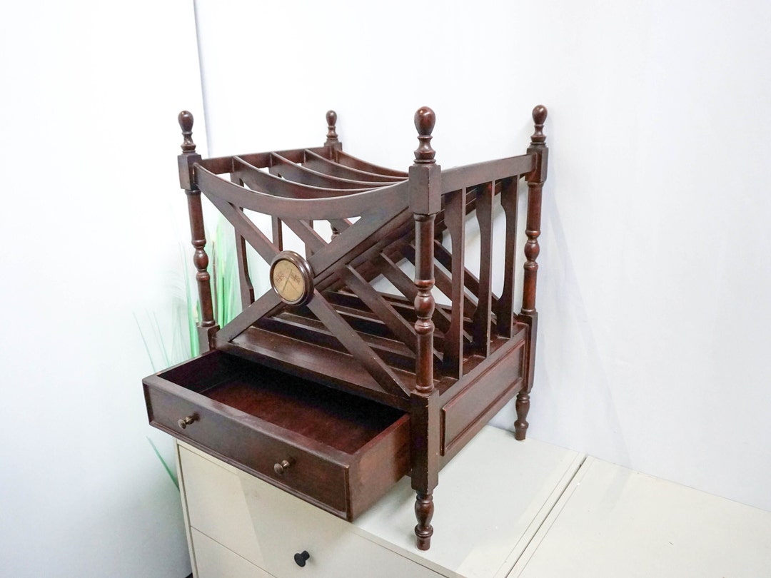 Mid Century English Canterbury Magazine Rack, Drawer, Solid Wood 50s ...