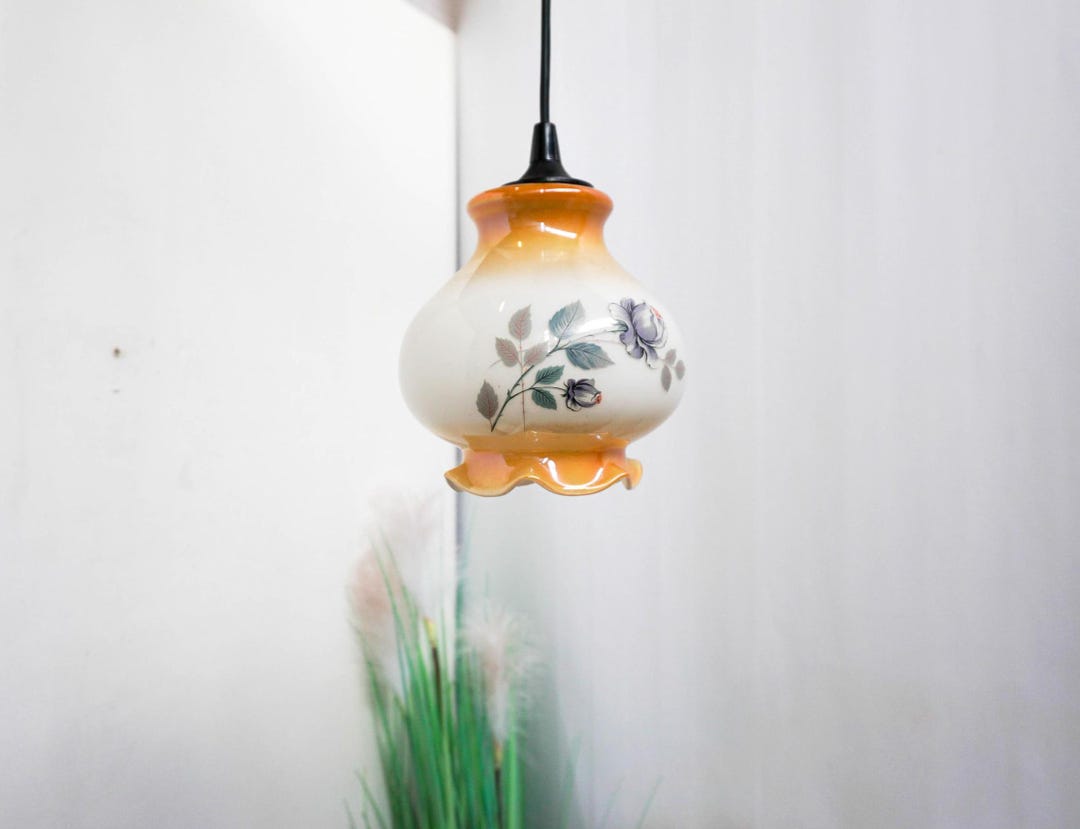 1960s Mid Century Pendant Ceiling Light Lamp Shade Glass, Floral ...