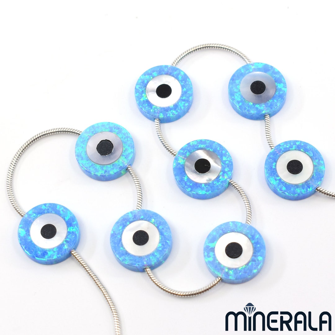 Evil Eye Charm Synthetic Sky Blue Lab Created Opal 10mm With Natural Mother of Pearl and Natural ...