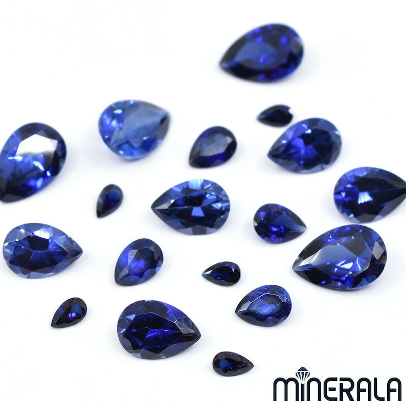 Blue Sapphire Corundum Lab Created Pear Shape Faceted Loose Gemstone ...