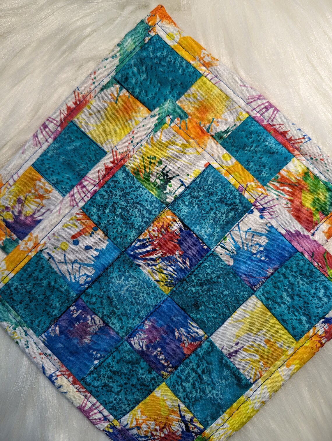 Handmade Quilted Fabric Coasters | Set of 2 | Batik Teal Squares With ...