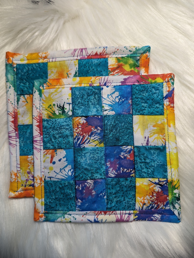 Handmade Quilted Fabric Coasters | Set of 2 | Batik Teal Squares With ...