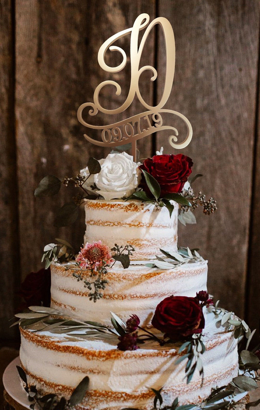 Gold Wedding Cake Topper, Initial Monogram Cake Topper With Date, D ...