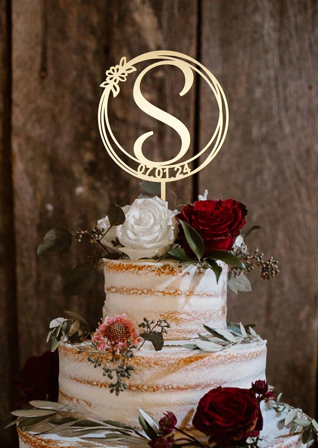 S Wedding Cake Topper, Gold Initial Cake Topper, Date Floral Cake ...