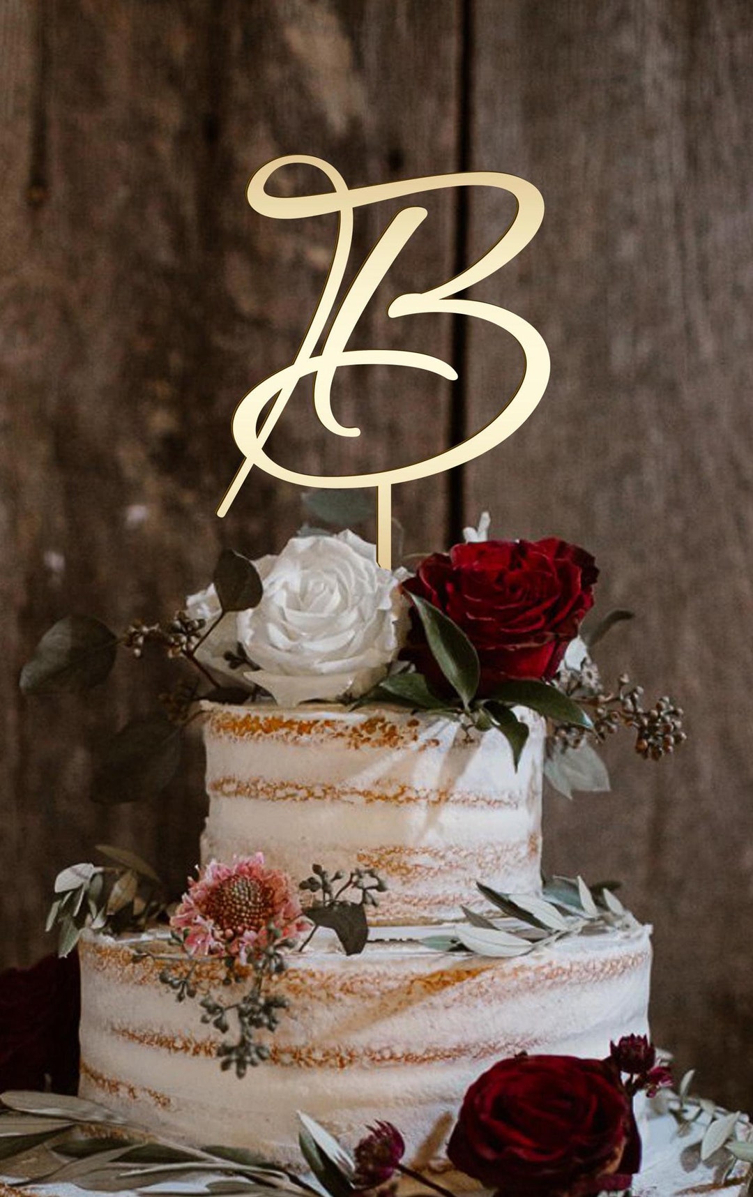 B Cake Topper, Gold Cake Topper for Wedding, Personalized, Rustic ...
