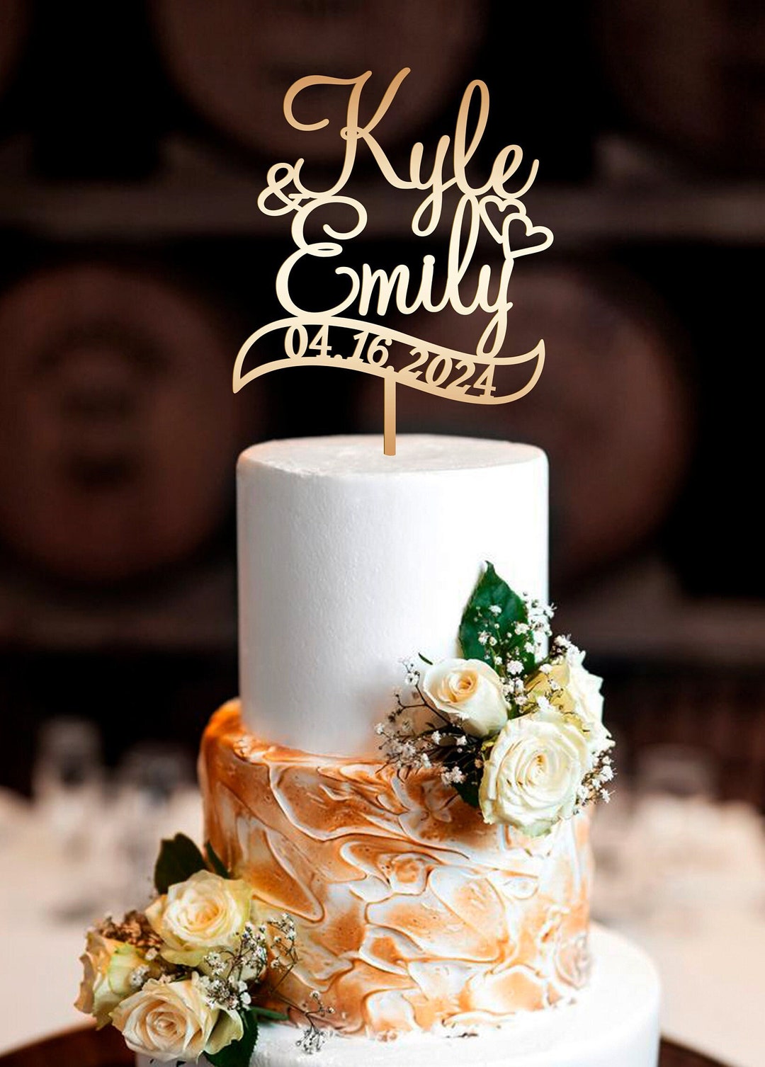 Gold Wedding Cake Topper With Date and Heart, Custom Rustic Wood Date ...
