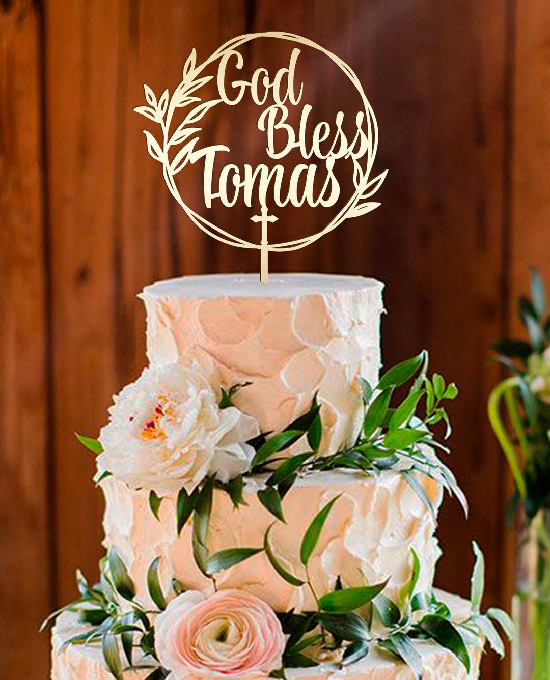 God Bless Cake Topper, Baptism Cake Topper, Wreath Christening Cake ...