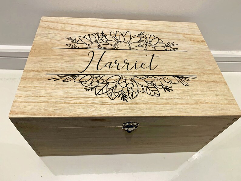 Large Personalised Engraved Floral Wooden Name Keepsake Memory Box With ...