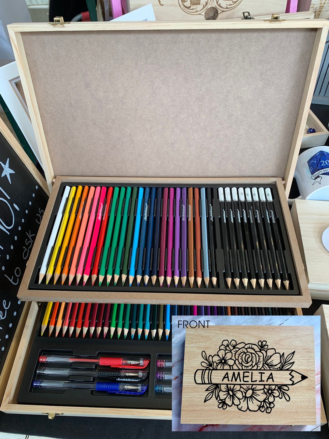 Personalised Engraved Wooden 75 Piece Art Box With Colouring Pencils ...
