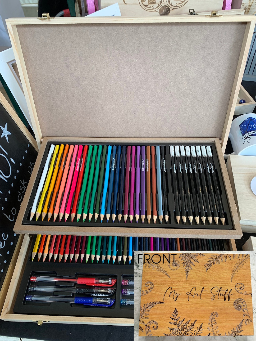 Personalised Engraved Wooden 75 Piece Art Box With Colouring Pencils ...