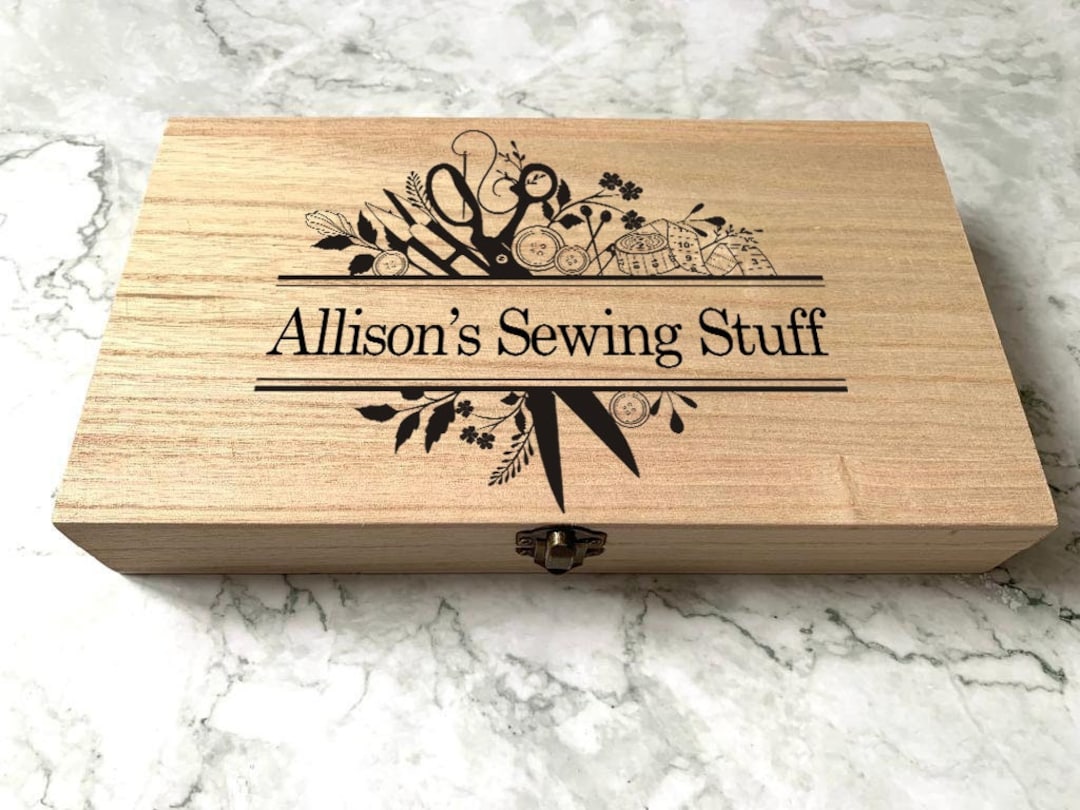 Personalised Engraved Wooden Sewing Box With Scissors, Needle and ...
