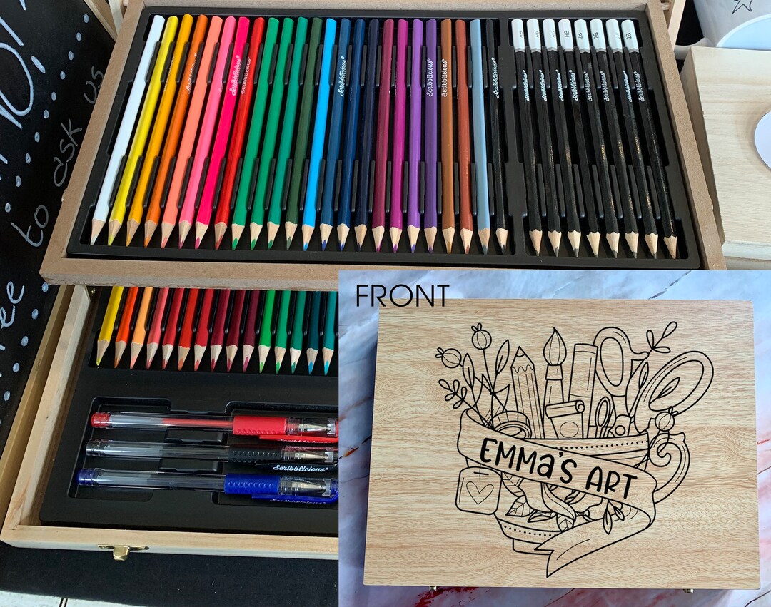 Personalised Engraved Wooden 75 Piece Art Box With Colouring Pencils ...