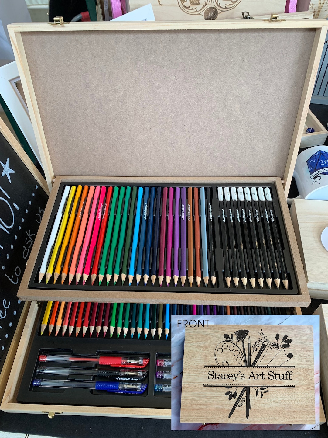 Personalised Engraved Wooden 75 Piece Art Box With Colouring Pencils ...