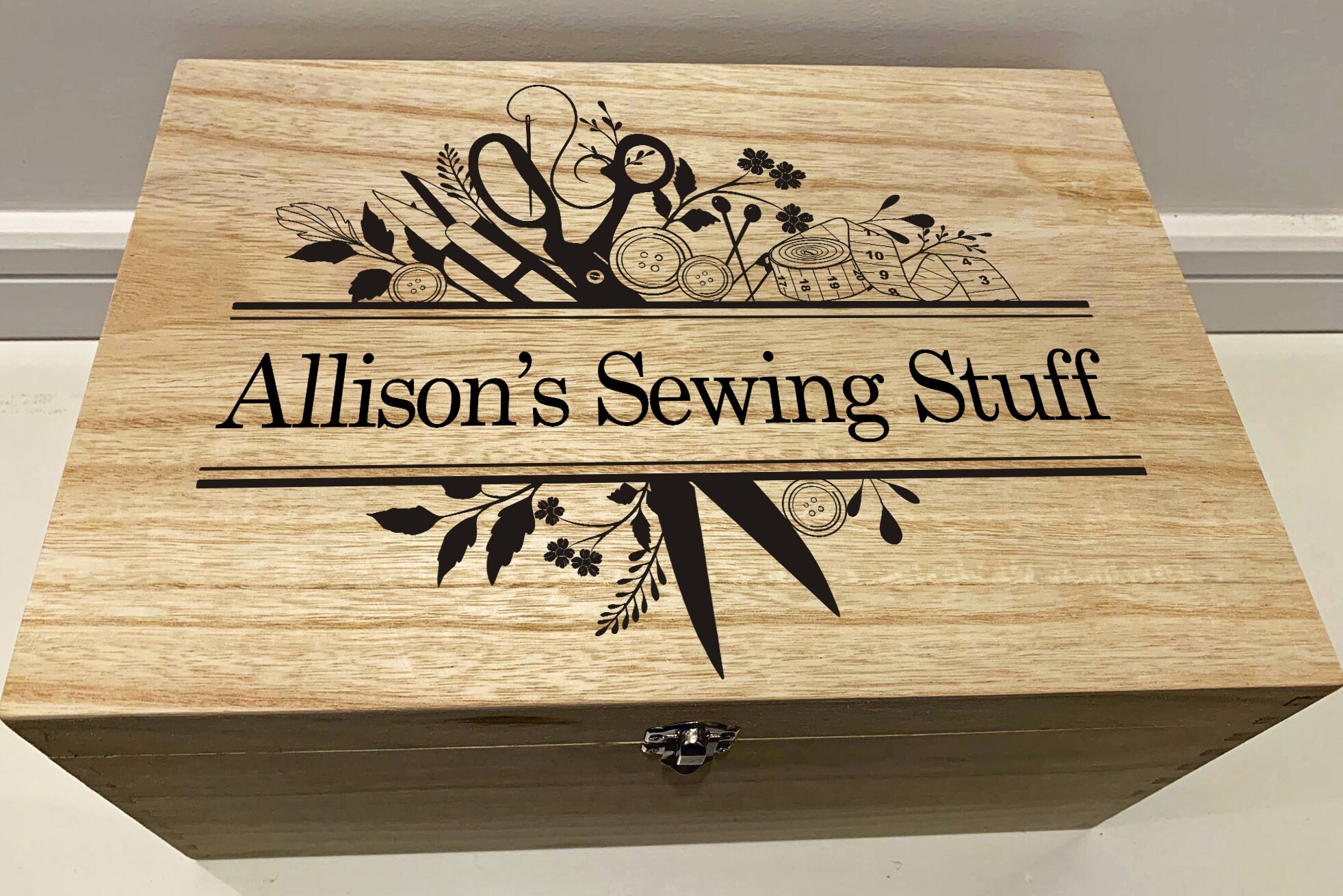 Large Personalised Engraved Wooden Sewing Box With Scissors, Needle and ...