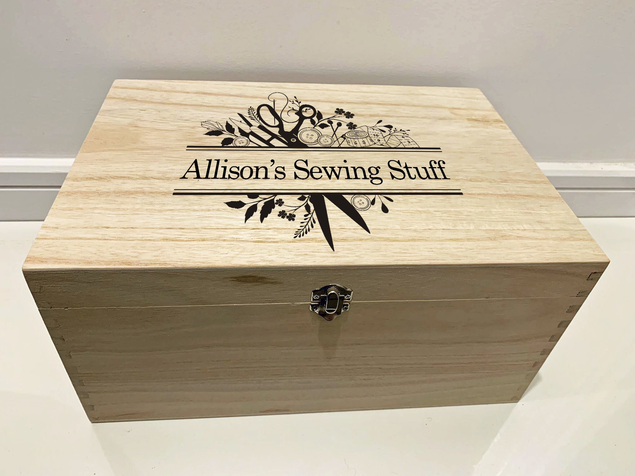 Large Personalised Engraved Wooden Sewing Box With Scissors, Needle and ...