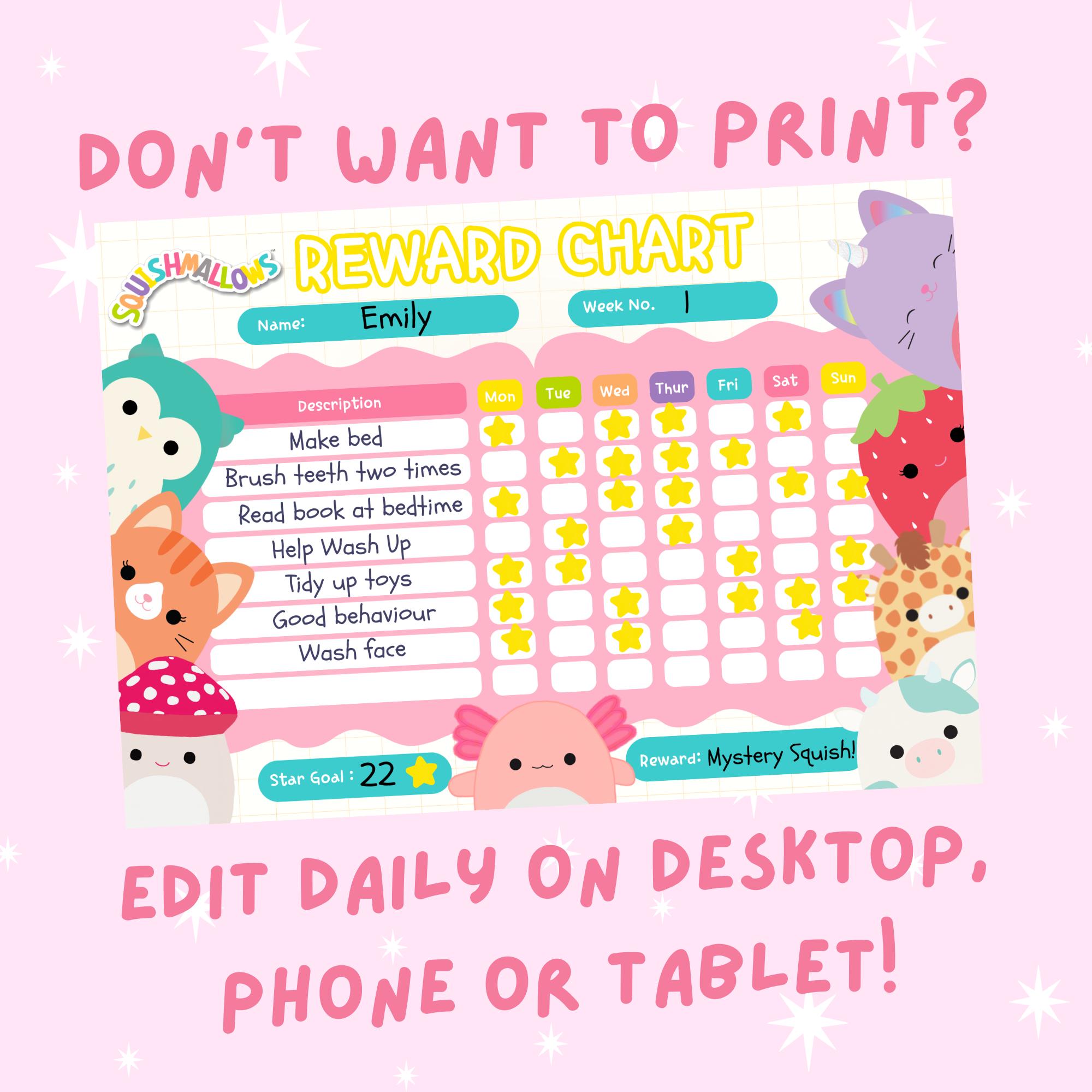 Editable Squishmallows Reward Chart for Girls, Good Behaviour and Habit ...