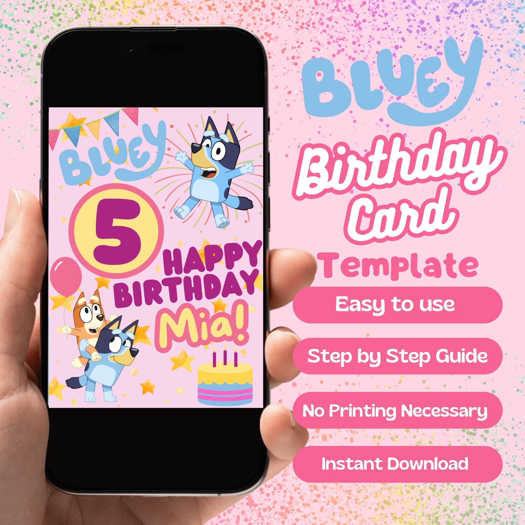 Pink Personalised Bluey Birthday Card, Blue Dog Party, Bingo Greeting ...