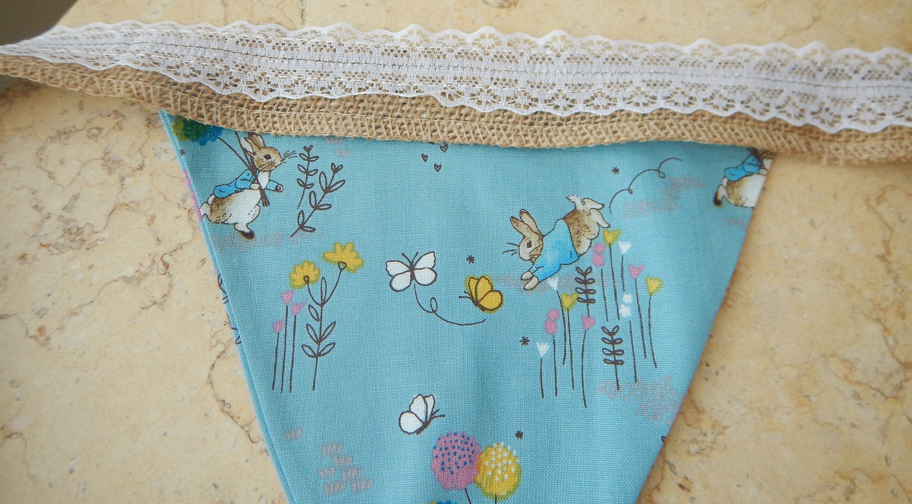 Bunting With Peter Rabbit Fabric on Hessian and Lace | Etsy