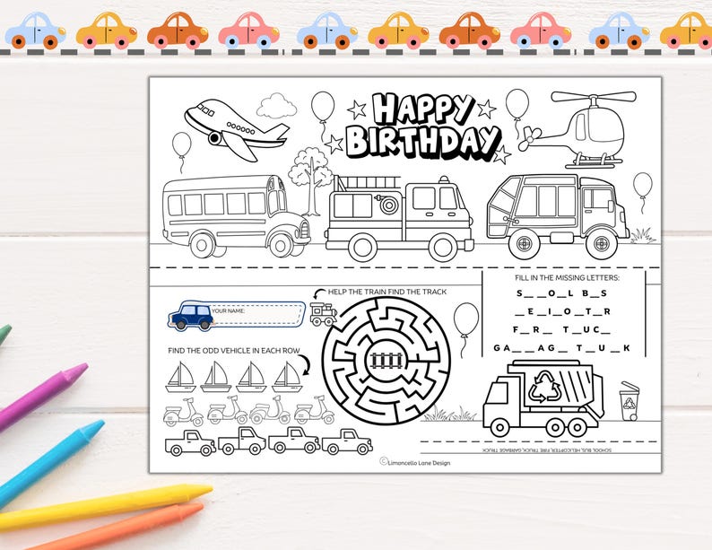 Transportation Birthday Coloring Placemat - Party Games - Children ...