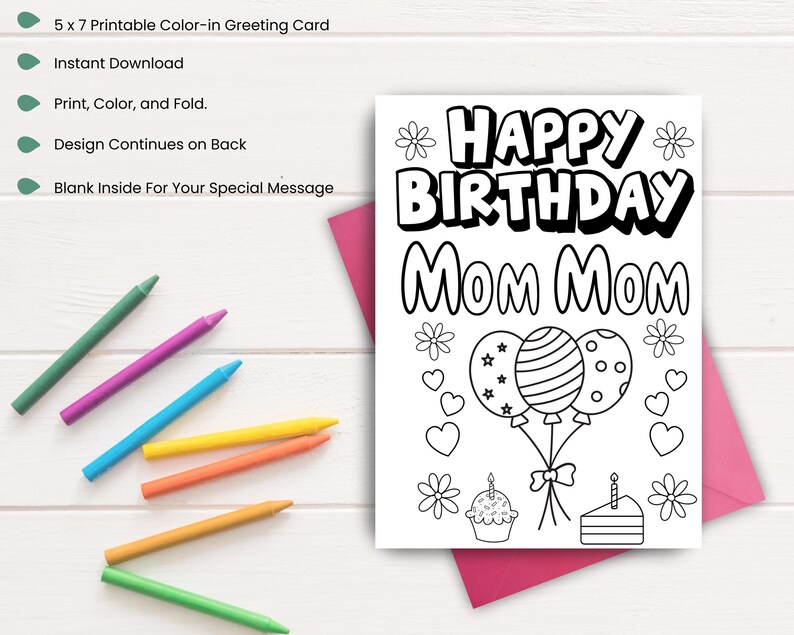 Mom-mom Birthday Color-in Card | Printable Kids Coloring Keepsake Gift ...