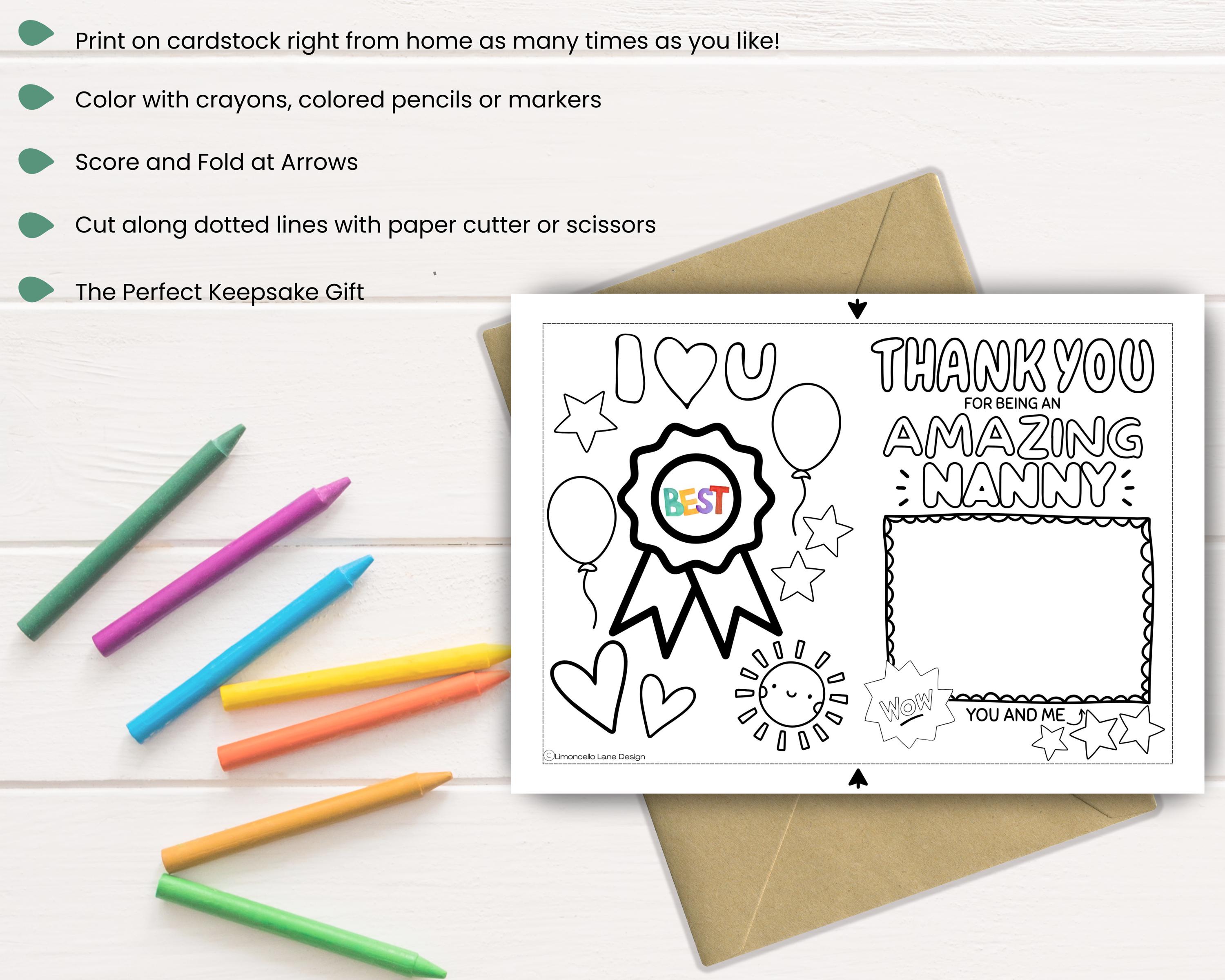 Thank You Nanny Color-in Card: Printable Kid's DIY Gift for Nanny ...