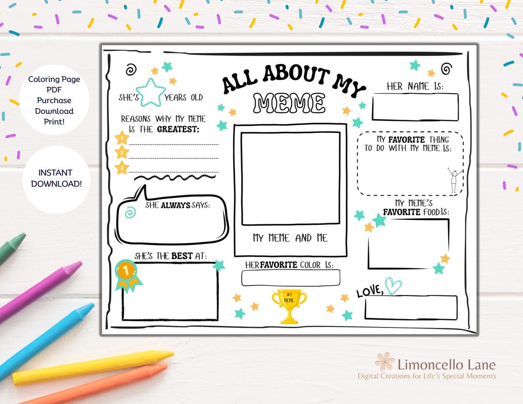 All About My Meme | All About Meme Coloring Page | Gift for Meme | Card ...