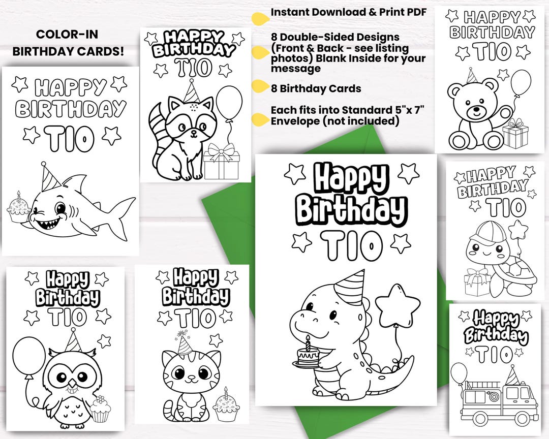 Tio Birthday Card Bundle | Color-in Cards | 8 Designs | Instant ...