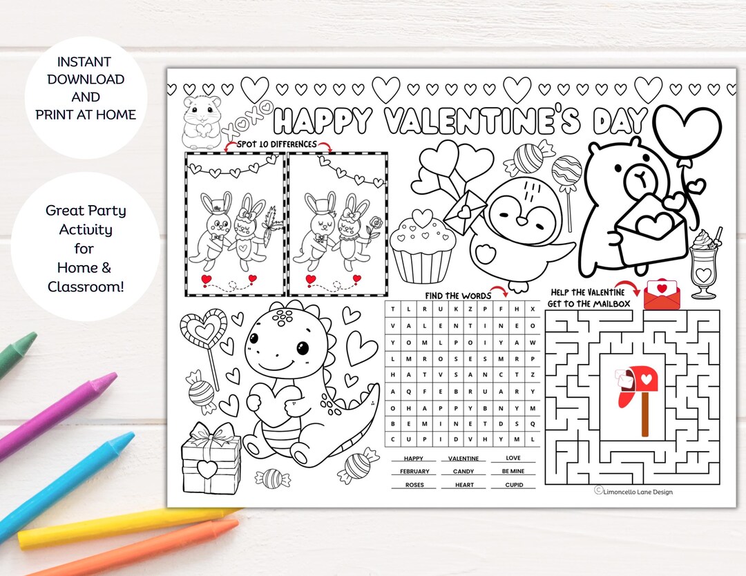 Valentine's Day Coloring Placemat: Printable Kids Activity | Color-in ...
