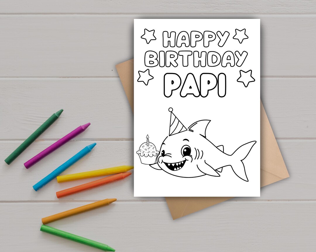 Papi Birthday Color in Card - Shark Theme : Kids DIY Craft Gift (instant Download PDF) - Etsy