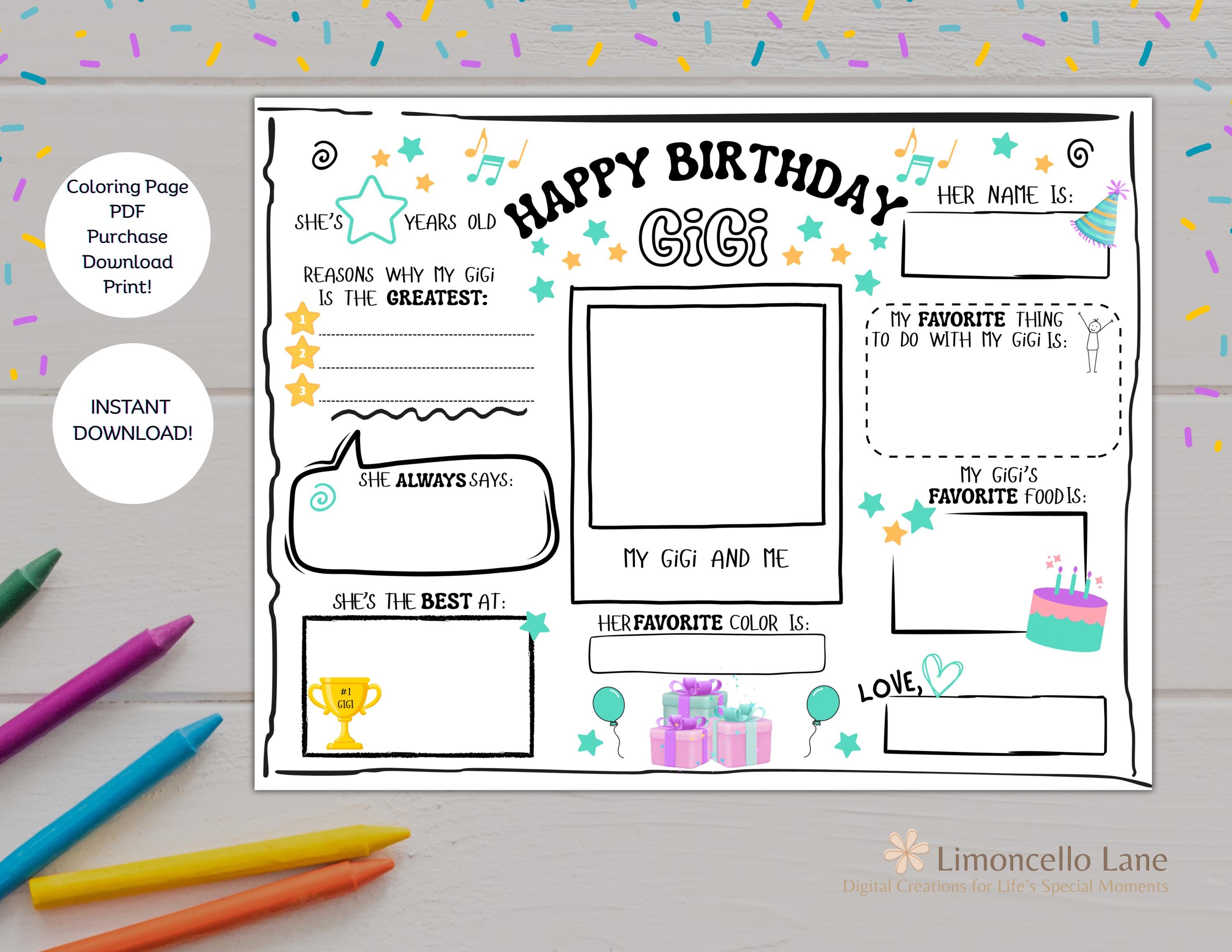 Happy Birthday Gigi | All About Gigi Coloring Page | Gift for Gigi ...
