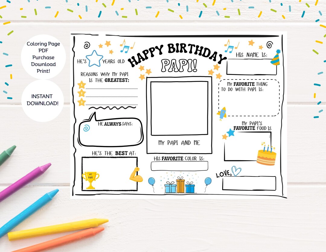 All About Papi Birthday Coloring Page | Color-in Questionnaire Keepsake ...