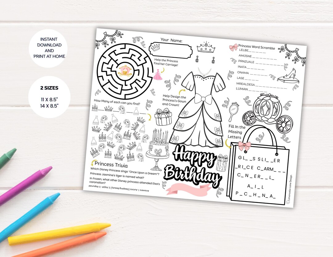 Princess Birthday Coloring Placemat: Royal Party Favor | Color-in Table ...