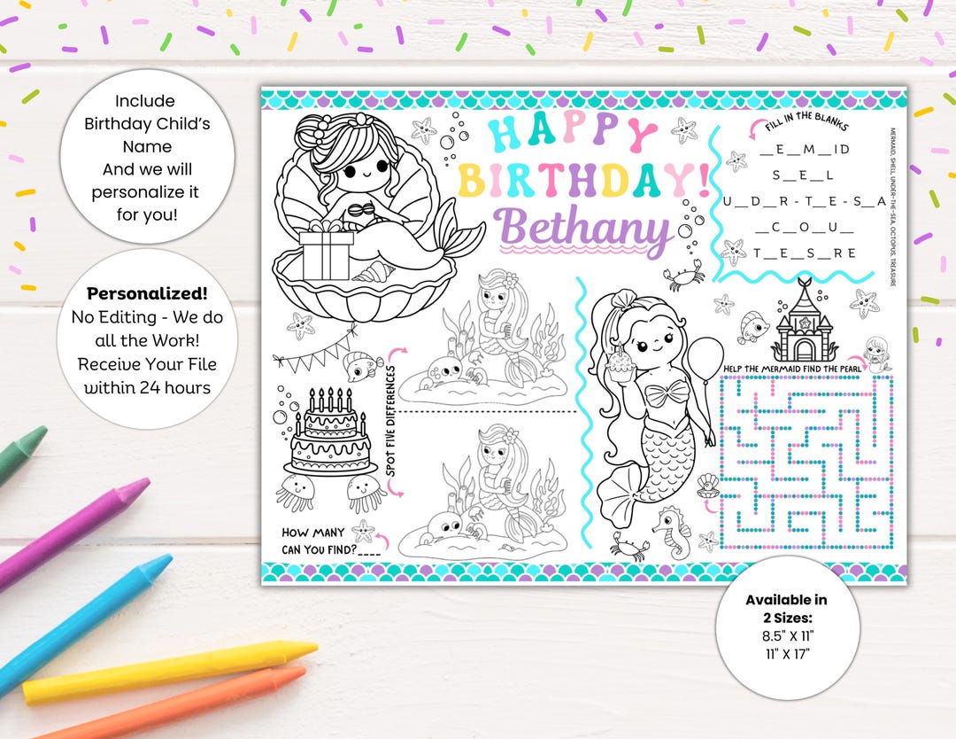 Personalized Mermaid Birthday Placemat: Color-in Mermaid Party Favor ...