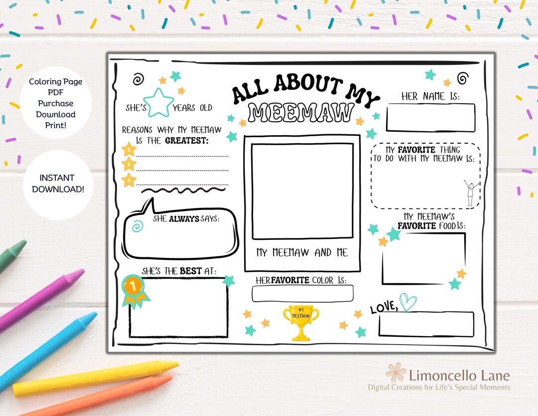All About My Meemaw Coloring Page | Gift From Child | Birthday Craft ...