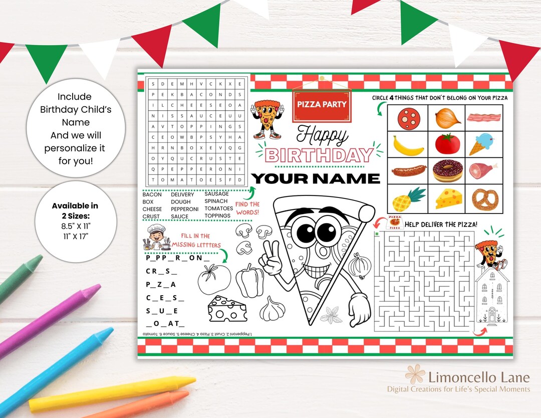 Personalized Pizza Party Birthday Placemat: Color-in Activity Sheet ...