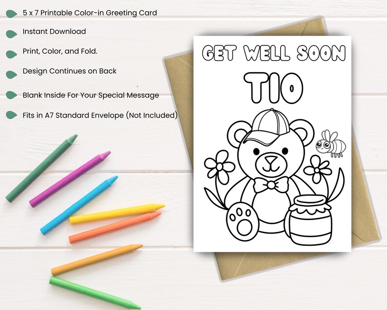 Get Well Tio Color-in Card: Printable Gift for Tio | Kids DIY Craft ...