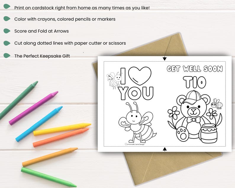 Get Well Tio Color-in Card: Printable Gift for Tio | Kids DIY Craft ...