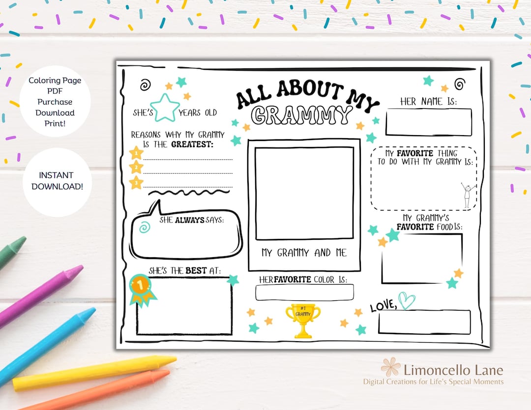 All About My Grammy Coloring Page | Printable DIY Craft | Birthday Gift ...