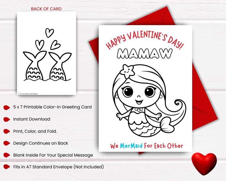 Mamaw Color-in Valentine Card | Kids DIY Craft | Keepsake Gift (instant ...