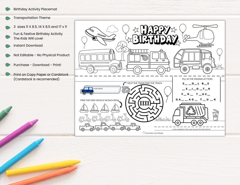 Transportation Birthday Coloring Placemat - Party Games - Children ...