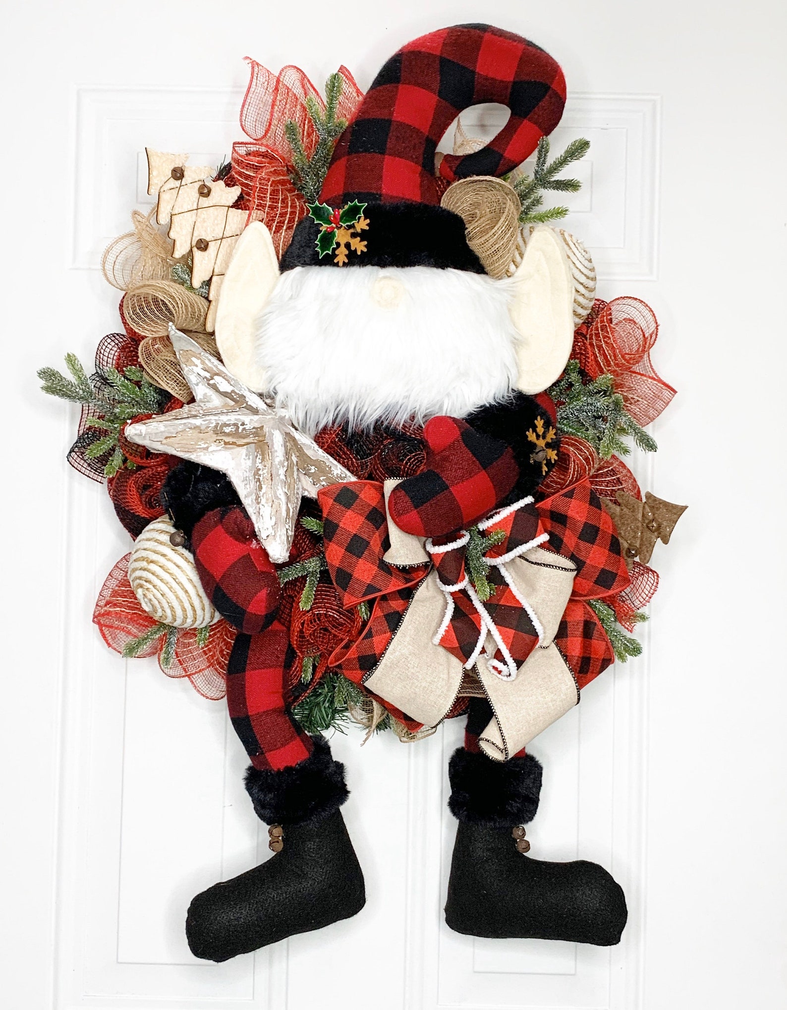 Buffalo Plaid Rustic Elf Christmas Wreath, Elf Christmas Decor, Rustic ...