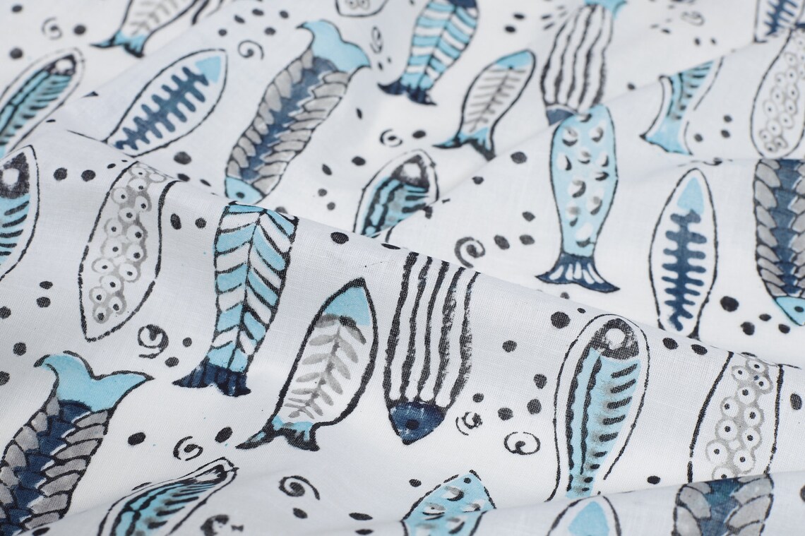 By Yard Fabrichandmade Block Fish Print Fabricpure Cotton | Etsy